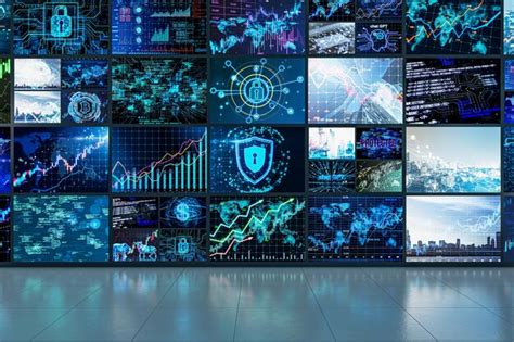 Premium Photo Multiple Screens Displaying Various Digital Graphics And Data On A Dark Interior