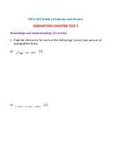 MCV 4U1 Derivatives Test 5 Docx MCV 4U1 Grade 12 Calculus And Vectors DERIVATIVES CHAPTER TEST