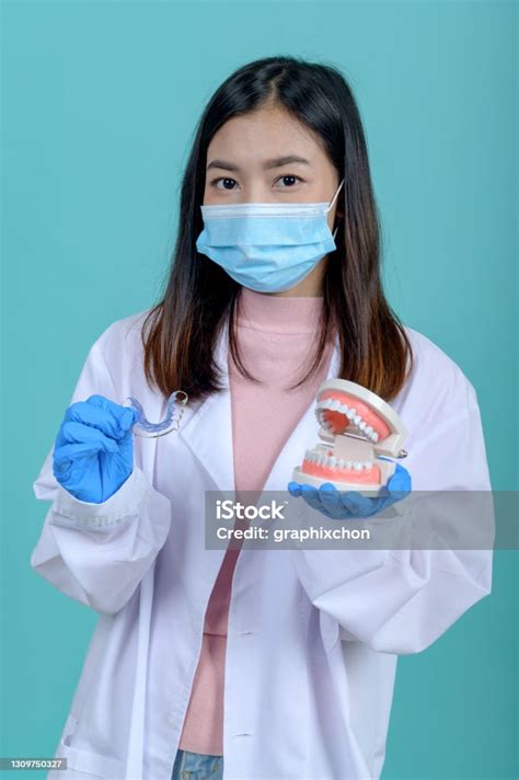 치아 모델과 치열 교정 보유자를 파란색 화면 배경에 들고있는 치과 의사 여성 치과 치료와 건강한 치아 20 24세에 대한 스톡 사진 및 기타 이미지 Istock