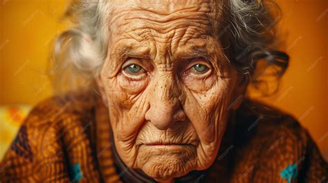 Closeup Portrait Of An Old Woman With A Very Wrinkled Face And Green