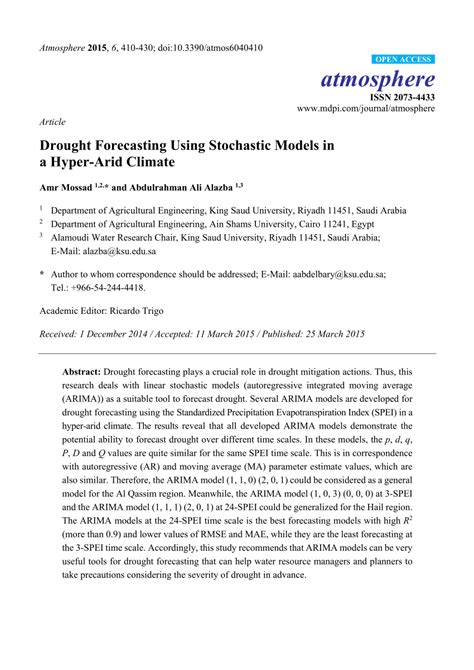 Pdf Drought Forecasting Using Stochastic Models In A Hyper Arid Climate