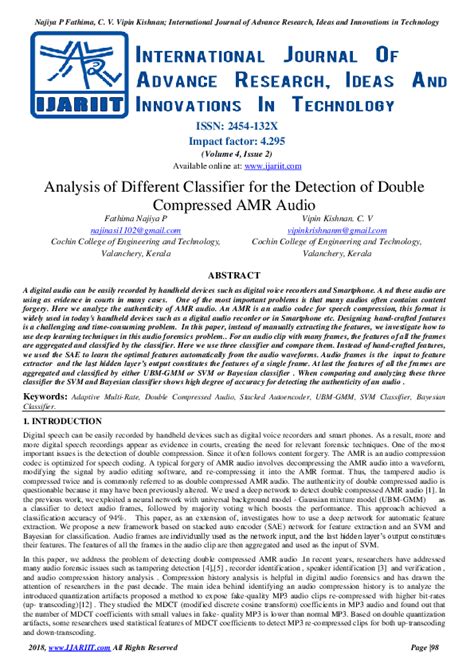 Pdf Analysis Of Different Classifier For The Detection Of Double Compressed Amr Audio