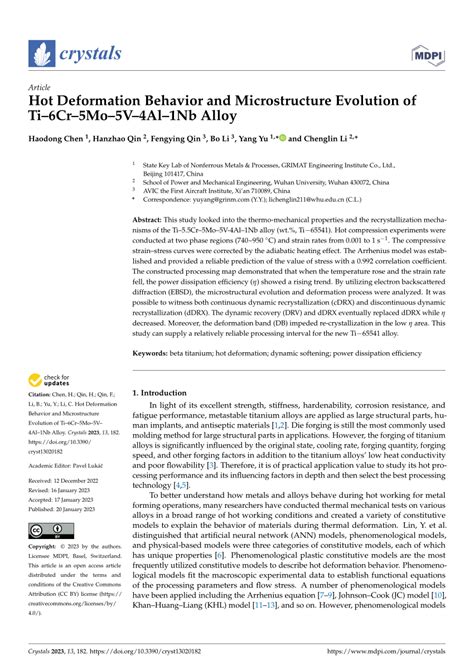 Pdf Hot Deformation Behavior And Microstructure Evolution Of Ti 6cr 5mo 5v 4al 1nb Alloy
