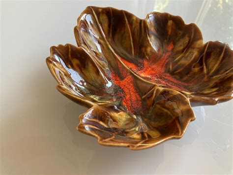 Vintage Maple Leaf Dish Glazed Red And Brown Mcm Etsy
