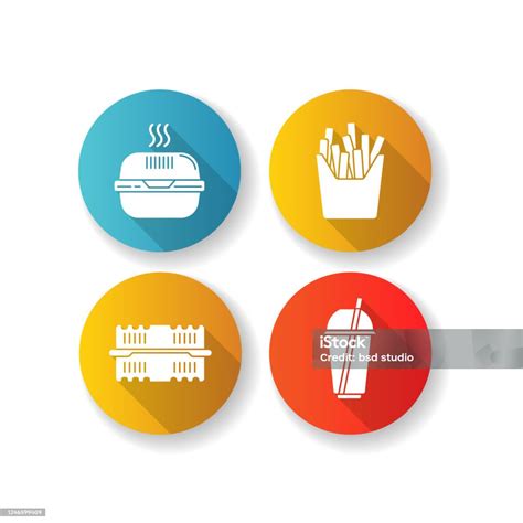 테이크 아웃 식품 패키지 플랫 디자인 긴 그림자 문 표 아이콘 세트 햄버거 골판지 상자 빈 플라스틱 용기 빨대가있는 일회용 컵 감자 튀김 팩 실루엣 Rgb 컬러 일러스트