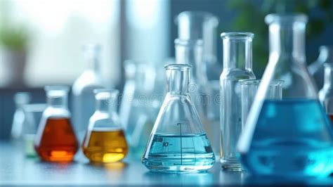 Laboratory Glassware Filled With Colorful Liquids On A Bright Workbench