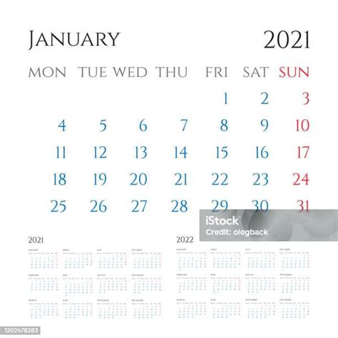 연간 달력 플랫 벡터 그림 세트입니다 2021 년과 2022 년 을위한 주최자 템플릿 비즈니스 플래너 디자인 흰색 배경에 텍스트와 숫자가있는 기본 그리드 0명에 대한 스톡