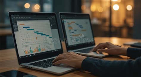Data Analysis Night Businessperson Working On Financial Reports With Two Laptops Showing Charts