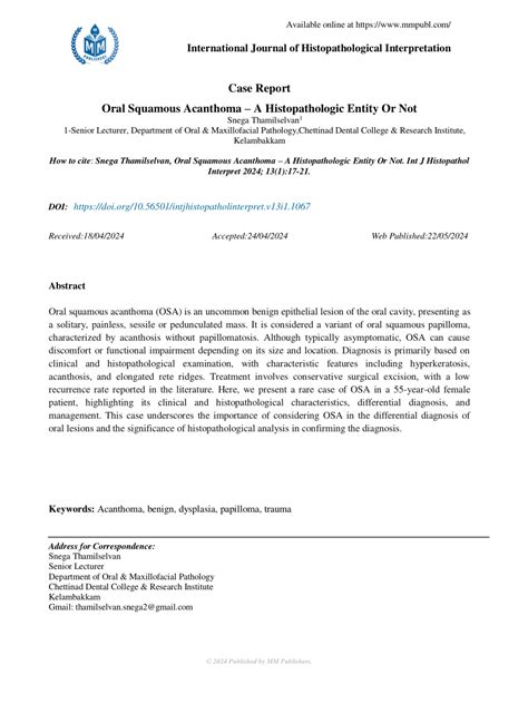 Pdf Oral Squamous Acanthoma A Histopathologic Entity Or Not Case Report