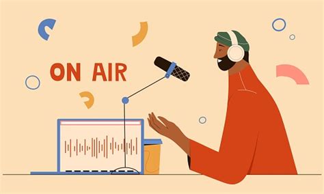 팟캐스트 컨셉 헤드폰을 쓰고 마이크로 말하고 노트북을 사용하여 스트림을 녹음하는 남자 플랫 스타일의 벡터 일러스트레이션 마이크에