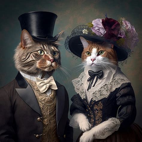 Gatos Vestidos Com Roupas Vintage Em Retrato De Estilo Vitoriano No
