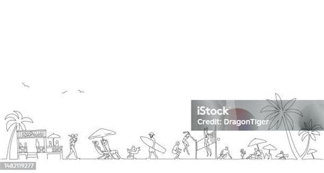 여름에 해변에서 즐거운 시간을 보내는 사람들의 선화 풍경 라인아트에 대한 스톡 벡터 아트 및 기타 이미지 라인아트 해변 선 Istock