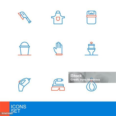 라인 쓰레기 봉투 청소용 브러시 휴대용 진공 청소기 변기 양동이 고무 장갑 쓰레기통 및 주방 앞치마 아이콘을 설정합니다 벡터 가방에 대한 스톡 벡터 아트 및 기타 이미지