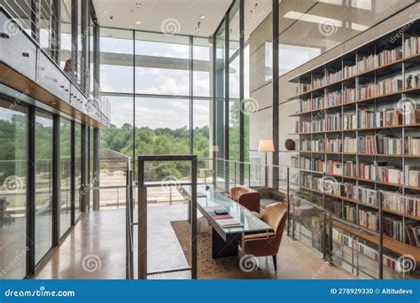 Modern Library With Glass Walls Sleek Furnishings And Advanced Tech