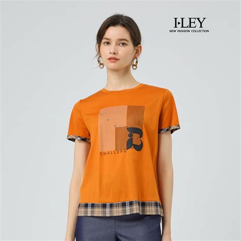 Iley伊蕾 格紋拼接縲縈絲光棉上衣 桔；m 2l 長袖 Yahoo奇摩購物中心