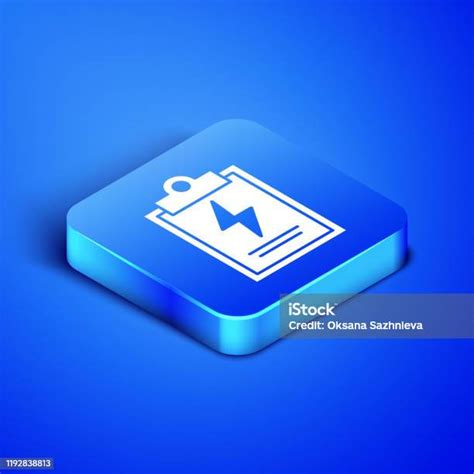 파란색 배경에 격리된 체크리스트 아이콘이 있는 등각 측정 실험실 클립보드입니다 제어 목록 기호입니다 파란색 사각형 버튼입니다 벡터 일러스트레이션 0명에 대한 스톡 벡터 아트