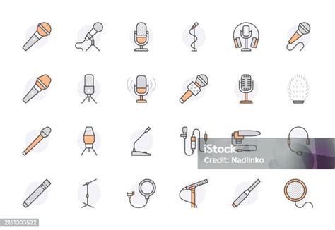 마이크 플랫 라인 아이콘 세트 팟캐스트 마이크 기자 마이크 노래방 회의 바람막이 복고풍 라디오 벡터 일러스트 레이 션 음악 상점에 대한 윤곽선 그림입니다 오렌지 색상 편집