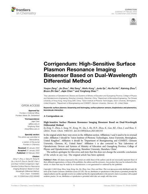 Pdf Corrigendum High Sensitive Surface Plasmon Resonance Imaging Biosensor Based On Dual