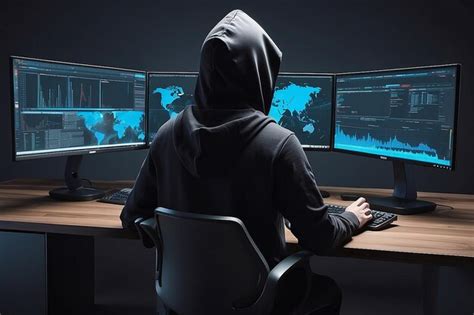 Premium Photo A Hacker In A Hoodie Sitting At A Desk With Three Monitors On It Working To