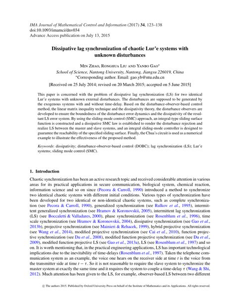 Pdf Dissipative Lag Synchronization Of Chaotic Lure Systems With