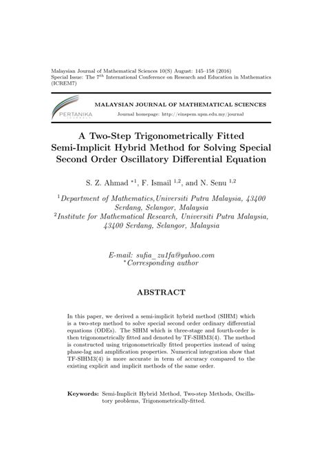 Pdf A Two Step Trigonometrically Fitted Semi Implicit Hybrid Method For Solving Special Second