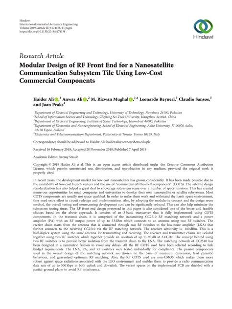 PDF Modular Design Of RF Front End For A Nanosatellite Communication Subsystem Tile Using Low