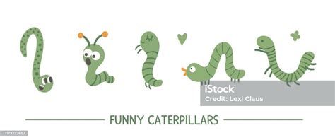 벡터 손으로 그린 평면 녹색 애벌레의 집합입니다 재미 곤충 컬렉션입니다 어린이 디자인 프린트 문구에 대 한 귀여운 일러스트 곤충에 대한 스톡 벡터 아트 및 기타 이미지