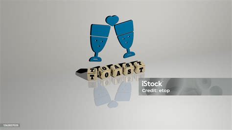 벽에 아이콘이 있는 토스트의 3d 표현과 컨셉 의미 및 슬라이드쇼 프레젠테이션을 위해 거울 바닥에 금속 입방 문자로 정렬된 텍스트 빵과 아침 식사 0명에 대한 스톡 사진 및