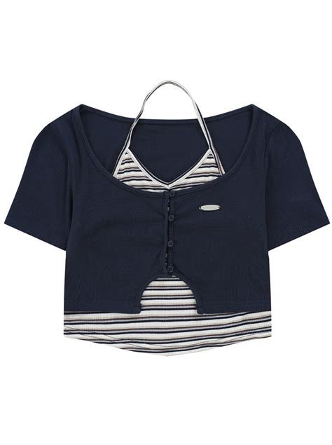 테두리 목 가짜 2 피스 T 셔츠 Belchic