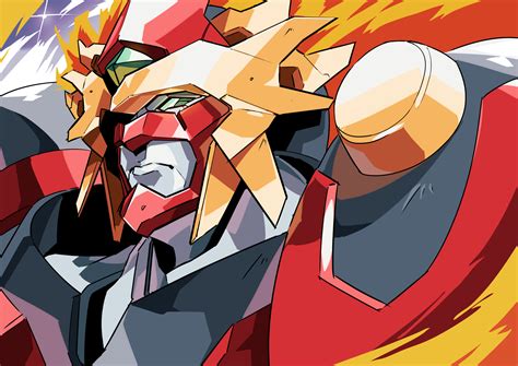 Safebooru Daison Fire Godannar Green Eyes Highres Looking Up Mecha No