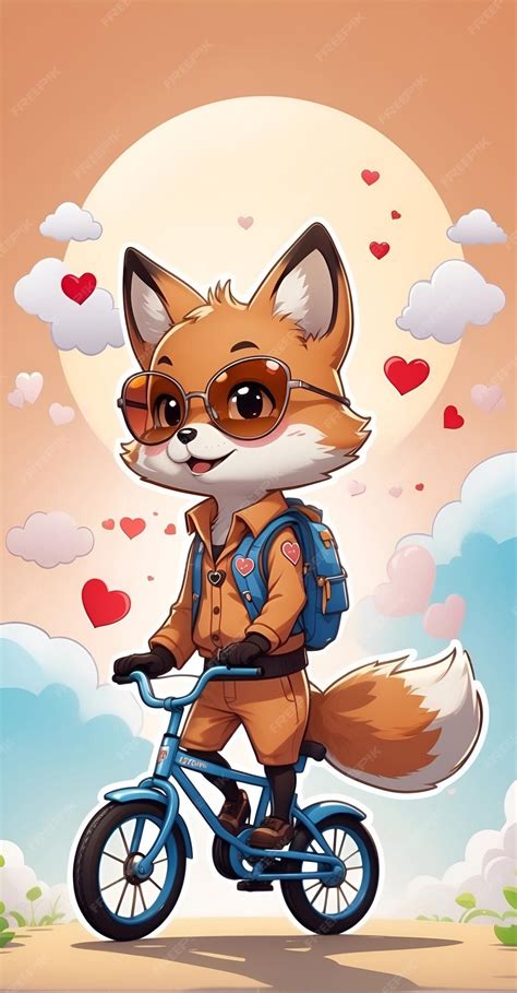 Premium Ai Image Cute 2d Fox Riding A Bike With Hearts On The Background