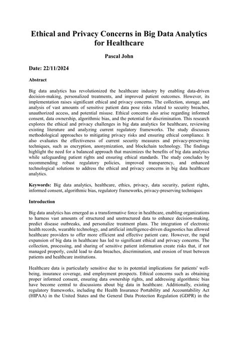 Pdf Ethical And Privacy Concerns In Big Data Analytics For Healthcare