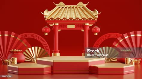 연단 라운드 스테이지 연단과 종이 예술 중국 설날 중국 축제 중추절 빨강과 금 꽃과 아시아 요소를 배경으로 한 3d 렌더링 그림 음력설에 대한 스톡 사진 및 기타 이미지