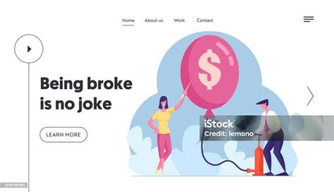 금융 위기 인플레이션 파산 자본 손실 방문 페이지 템플릿 남성 캐릭터 는 펌프를 사용하여 달러풍선을 팽창 관통 바늘을 들고 여자