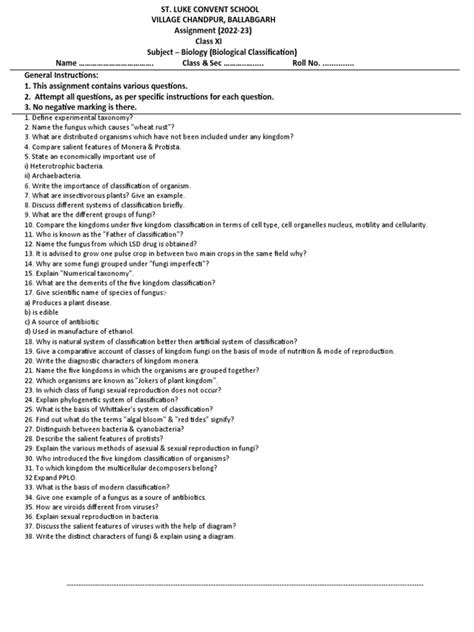 Assignment Xi Biological Classification Pdf Fungus Taxonomy Biology