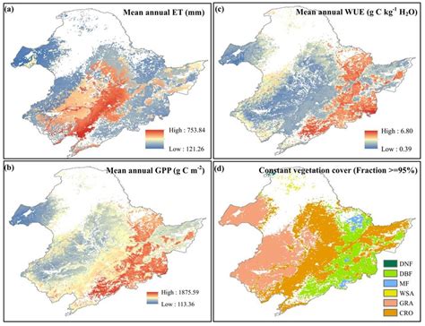 Spatial Pattern Of Annual A Et B Gpp And C Wue For 2000 2016
