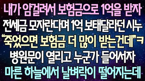 반전 사연 내가 암걸려서 보험금으로 1억을 받자 전세금 모자란다며 1억 보태달라던 시누 병원문이 열리고 누군가 들어서자 마른 하늘에서 날벼락이 떨어지는데 사이다사연