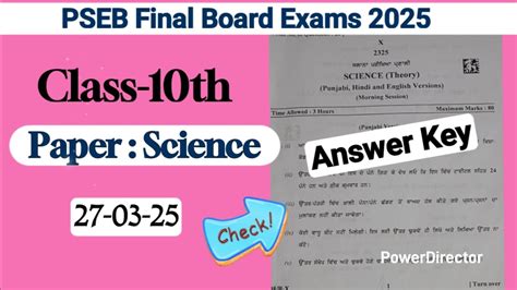 Class 10th Paper Science Answer Key 27 03 25 Pseb Final Board Exams 2025 Pseb Science