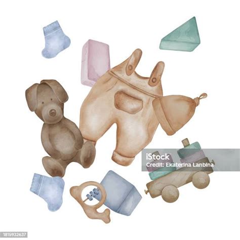 흰색 배경에 고립된 아기 옷과 장난감이 있는 그림입니다 중립 색상의 손으로 그린 아기 바디 슈트 부드러운 강아지와 기차를