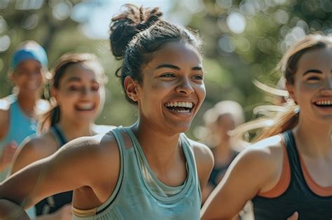 Diverse Group Of People Running Outdoors In Fitness Class Premium Ai