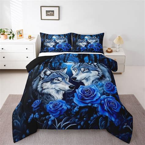 Wolf Comforter Sets Queen Sizeblue Rose Flowers Bedding Setsdown