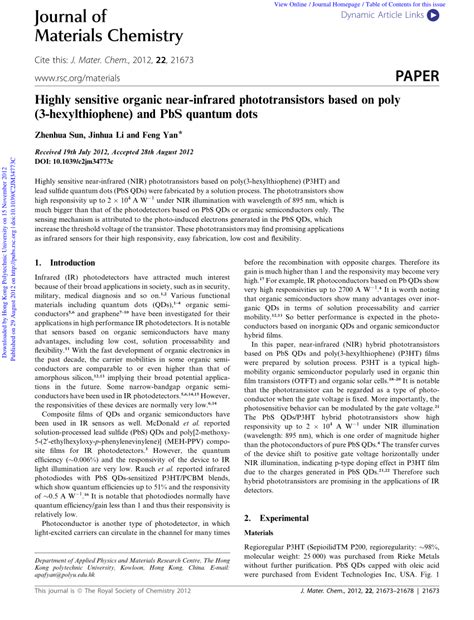 Pdf Highly Sensitive Organic Near Infrared Phototransistors Based On Poly 3 Hexylthiophene