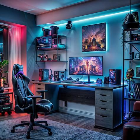Hightech Gaming Room With A Multimonitor Setup Rgb Lighting Ergonomic