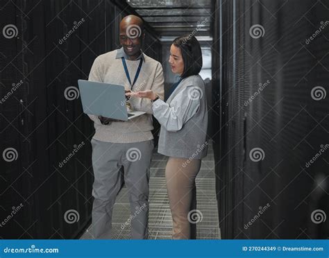 Server Room Teamwork Or People On Laptop Consulting On Software Management System Upgrade Or