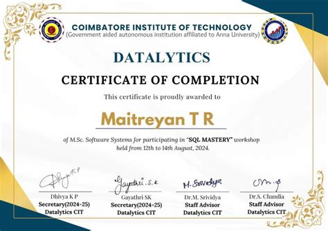 Completed Sql Mastery Workshop By Datalytics Maitreyan T R Posted On