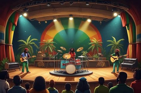 Reggae Rhythms Cartoonstyle Stage With Laidback Band Premium Ai