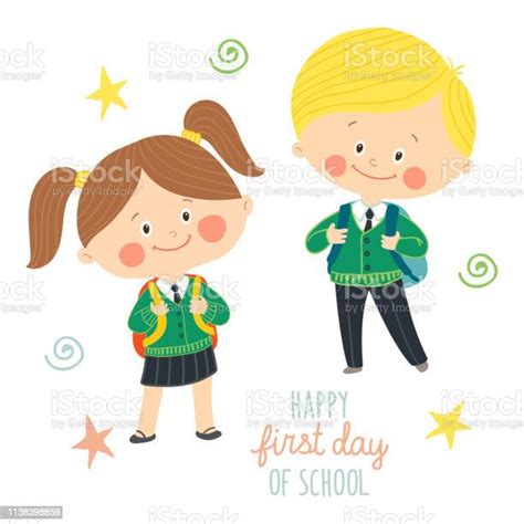 재미 있는 손으로 학교 가방 스쿨 유니폼에 그려진 아이 귀여운 소년과 소녀와 배낭 학교 카드 디자인의 행복 첫날 평면 스타일에서 흰색 배경에 만화 벡터 Eps 10 그림