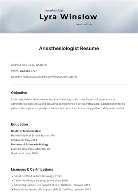 Anesthesiologist Resume Page 2 Free Doctor Resume Templates