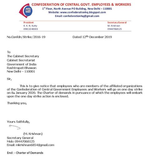 Th Jan One Day Strike Notice With Points Charter Of Demands
