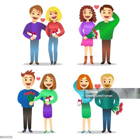 로맨틱 커플 사랑 관계 발렌타인 데이에 선물을 가진 사람을 매혹 커플 만화 사람 여자와 남자 사랑에 빠진 벡터 일러스트 레이 션 개념에 대한 스톡 벡터 아트 및 기타 이미지